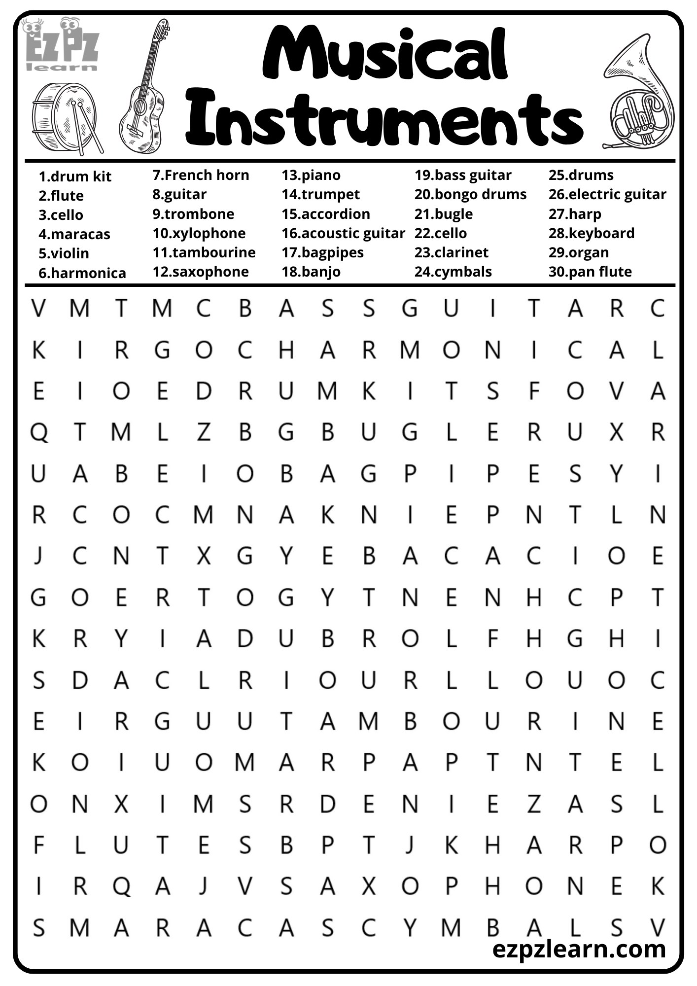 Musical Instrument Vocabulary Word Search Homeschool and ESL Students Free PDF Download 30 Words ...